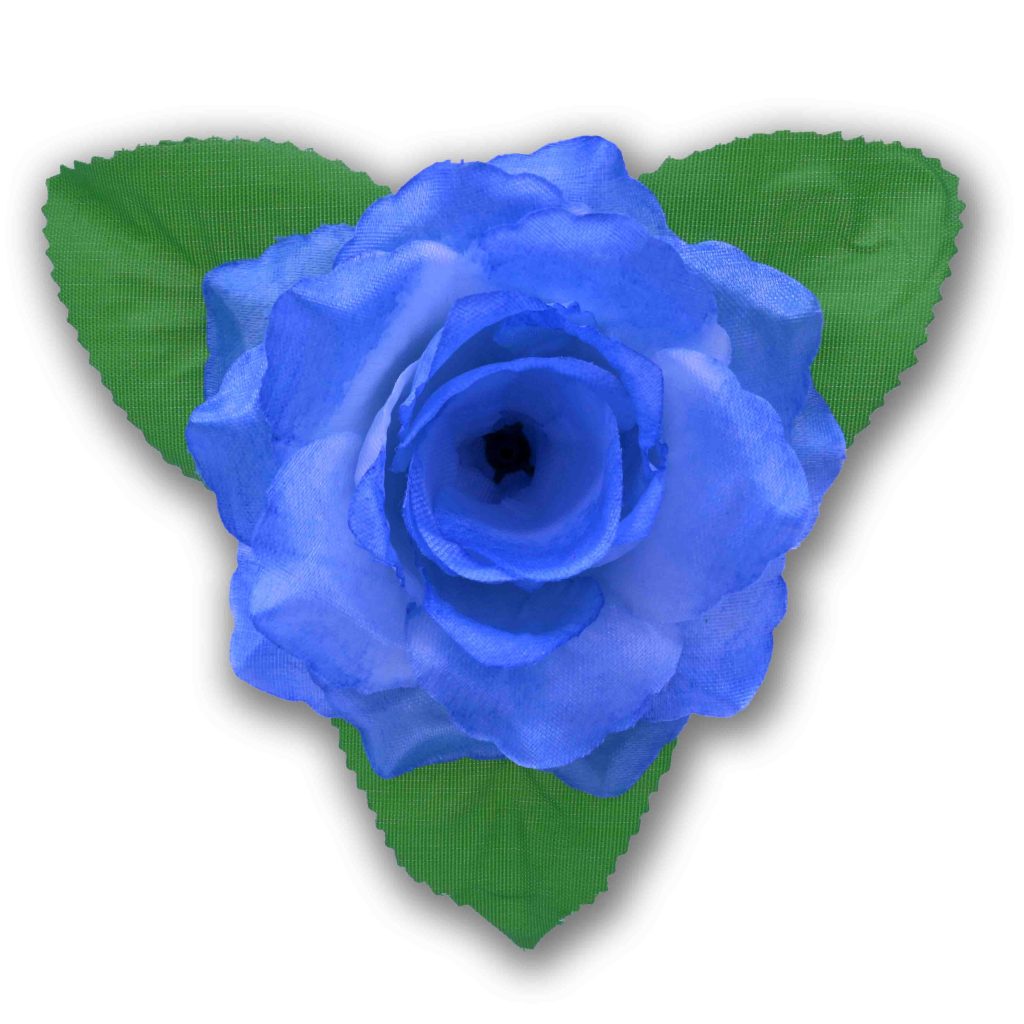 Trandafir din satin cu frunza cod F415 azur, 14cm – Totul pentru funerare